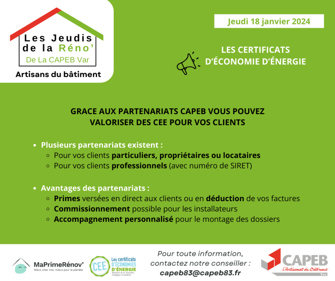 Grace aux partenariats CAPEB vous pouvez valoriser des CEE pour vos clients ・ CAPEB